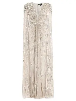 Jenny Packham Sequin-embellished Cape Gown - Platinum
