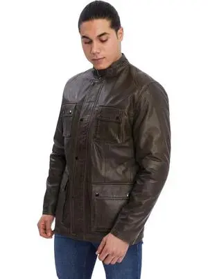 FURNIQ UK Premium Sheepskin Leather Utility Jacket - Brown