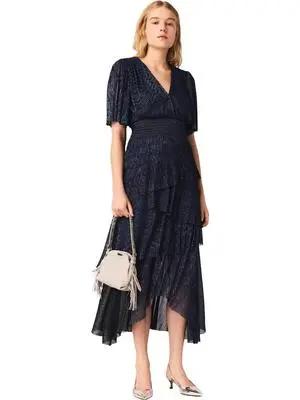 Maje Metallic Pleated Ruffled Midi Dress - Navy