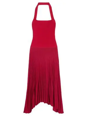 Maria Mcmanus Ribbed Stretch-knit And Plissé Halterneck Maxi Dress - Red