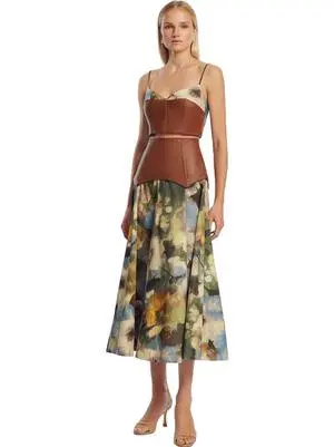 Lela Rose Printed Cotton Skirt With Leather Yoke - Floral