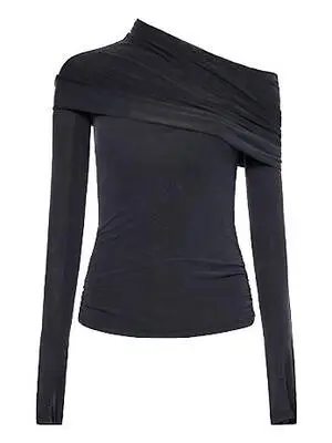 PEACHY DEN Cold-shoulder Stretch-woven Top - Graphite
