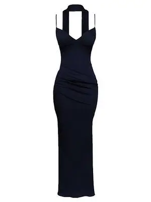 House Of Cb Freya V-neck Satin Maxi Dress - Navy