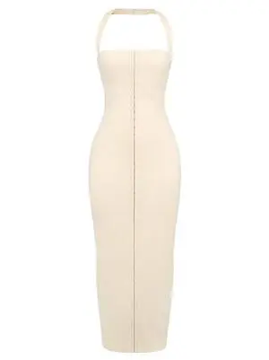 House Of Cb Halter-neck Stretch-woven Maxi Dress - Ecru