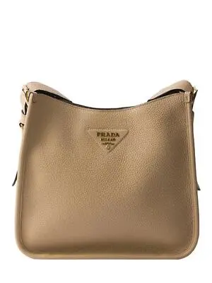 Prada Logo-Plaque Medium Leather Shoulder Bag Neutral