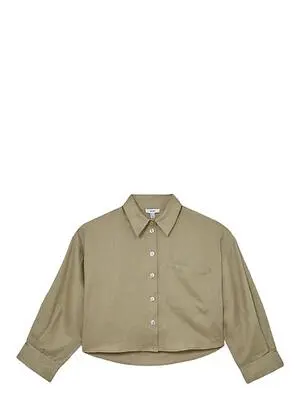 REISS Solena Cropped Linen Shirt Green
