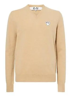 Play Comme Des Garcon Heart-embroidered Knitted Wool Jumper - Light Camel
