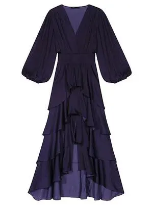 Maje Ruffinella Smocked-Waist Ruffled Woven Maxi Dress Bleus