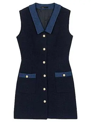 Maje Tweed Mini Dress With Denim Trim - Navy