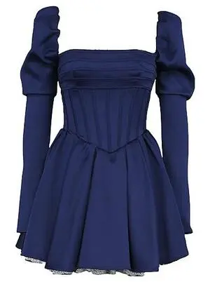 House Of Cb Satin Mini Dress With Puff Sleeves - Midnight