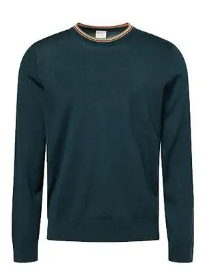 Paul Smith Stripe-Trim Round-Neck Merino-Wool Jumper Olive
