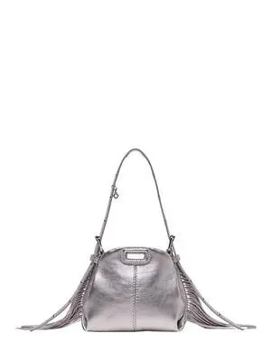 Maje Micro Leather Shoulder Bag With Tassels And Eyelet Embellishment - Silver