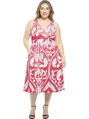24SEVEN COMFORT APPAREL Paisley V-neck Sleeveless Pleated Pocket Midi Fit & Flare Dress - Red Multi