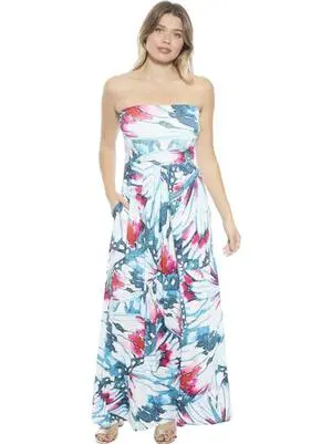 24SEVEN COMFORT APPAREL Butterfly Print A-line Strapless Maxi Dress With Pockets - Blue Multi