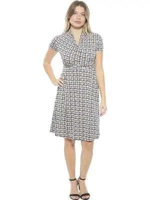 24SEVEN COMFORT APPAREL Geometric Print Faux Wrap A-line Dress - Black Multi