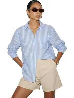 The Shirt By Rochelle Behrens Washed Linen Button-up Shirt - Light Blue/white
