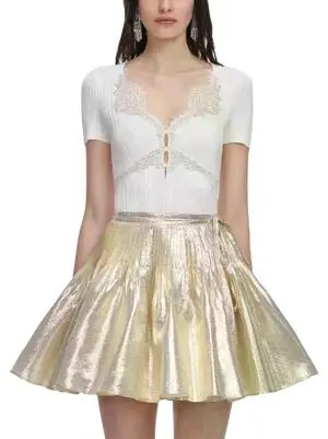 SELF-PORTRAIT Lace Trimmed Short Sleeve Top - White