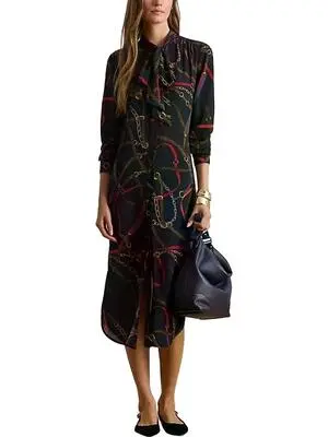 Ralph Lauren Chain Print Tie Neck Midi Dress - Blue
