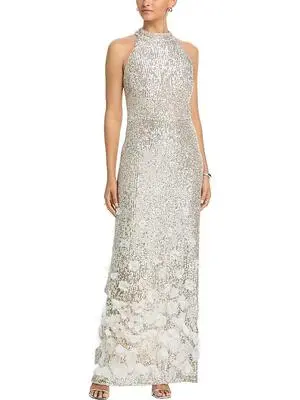 Eliza J Halter Column Gown - Silver