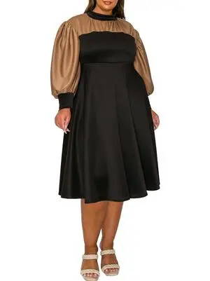 L I V D Colorblock Long Sleeve Midi Dress - Black Mocha