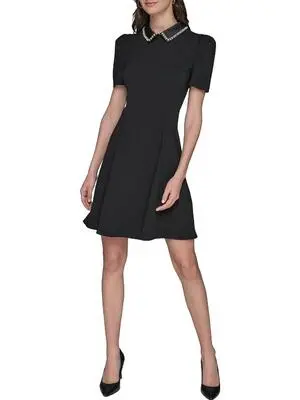 Karl Lagerfeld Paris Faux Pearl Detail Crepe Fit & Flare Minidress - Black