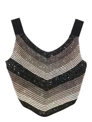 D.exterior V-neck Striped Top - Black