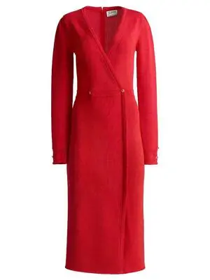 St. John Knit V-neck Midi Dress With Bracelet Sleeves - Red