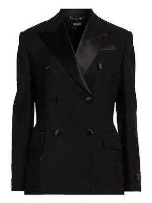 Versace Double-breasted Blazer In Wool With Jacquard Pattern And Satin Trims - Black