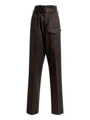 Etro Belted Wool Straight-Leg Pants Brown