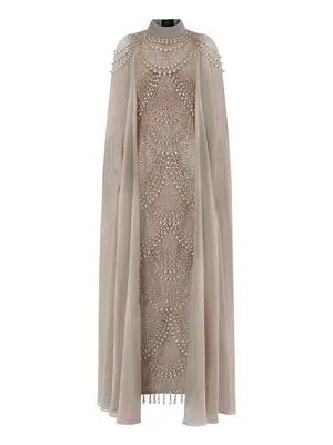 AQUILLORA Twilight Embellished Chiffon Caftan Dress - Tan