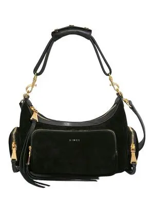 AIMEE Convertible Shoulder Bag - Black Suede With Gold