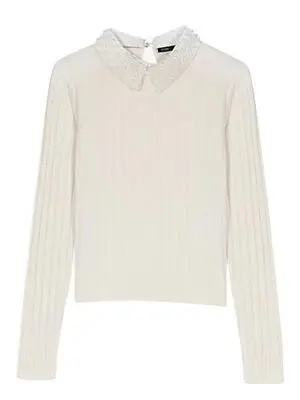 Maje Embellished-collar Ribbed Wool-blend Jumper - Ecru