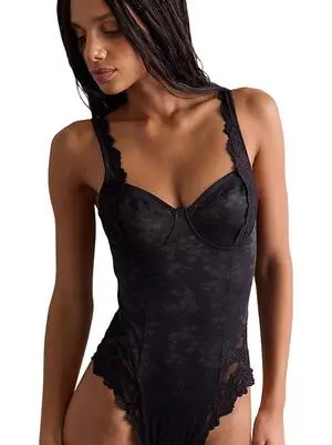 Free People Intimately Slinky Situation Bodysuit With Floral Lace - Black