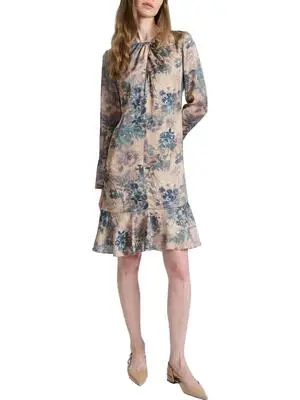 Santorelli Drake Long Sleeve Ruffled Skirt Shift Dress Dune