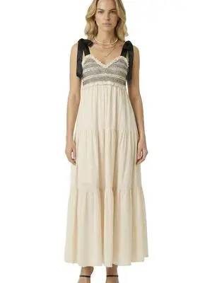 MODENAIRE Smocked Lace-trim Maxi Dress - Ivory