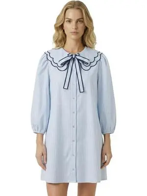 MODENAIRE Striped Shirt Dress With Scalloped Collar - Light Blue/white