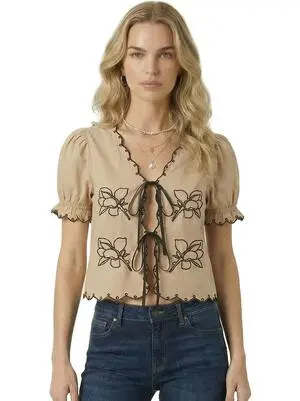 MODENAIRE Puff Sleeve Embroidered Tie-front Blouse - Beige