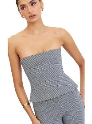 MISS CIRCLE Ulla Micro-houndstooth Strapless Peplum Top - Hounstooth Grey