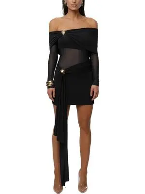 JLUXLABEL Draped Mini Dress With Gold-Tone Embellishments Black