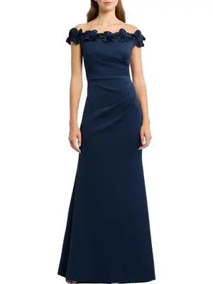Eliza J 3d Floral Off-the-shoulder Gown - Navy