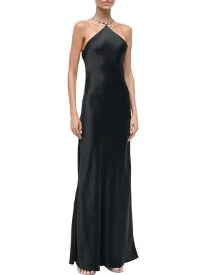 Staud Cadence Shark Tooth Strap Satin Maxi Dress Black