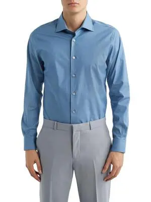 Zanella Bassano Tailored Fit Solid Stretch Cotton Twill Dress Shirt - Blue