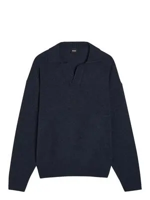 BOSS Open Collar Virgin Wool Jumper - Navy