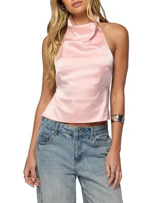 EDIKTED Cowl Neck Backless Satin Crop Top - Light-pink