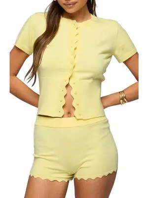 EDIKTED Rosie Scallop Placket Short Sleeve Cardigan - Yellow
