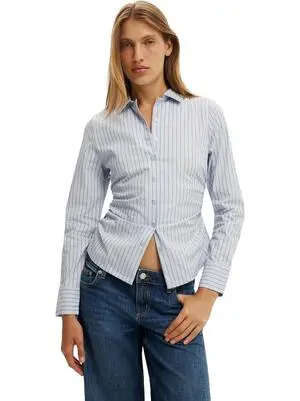 COTTON ON Peyton Gathered Long Sleeve Shirt - Brenda Pinstripe Blue