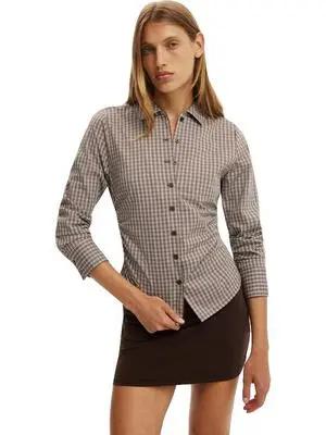 COTTON ON Peyton Gathered Long Sleeve Shirt - Hazel Micro Check Rich Mocha