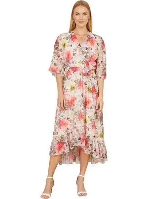 YUMI Floral Ruffle-hem Wrap Midi Dress - Ivory