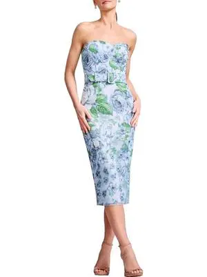 Dress The Population Belted Strapless Embroidered Floral Midi Dress - Sky Multi