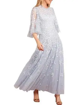 NEEDLE & THREAD Scatter Blossom Round Neck Ankle Gown - Skylight